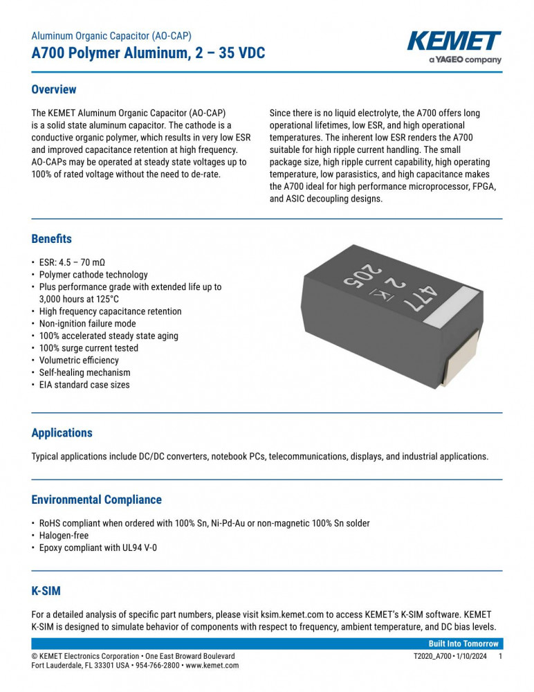 KEMET A700 datasheet page 1