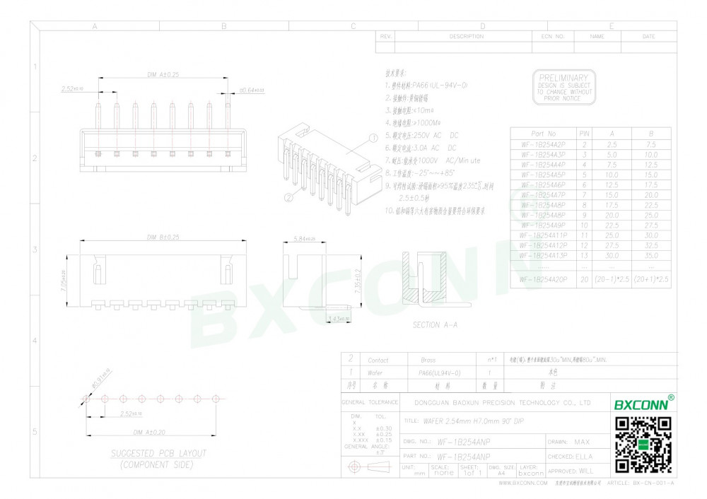 BXCONN WF-1x254AxP connector product drawing page