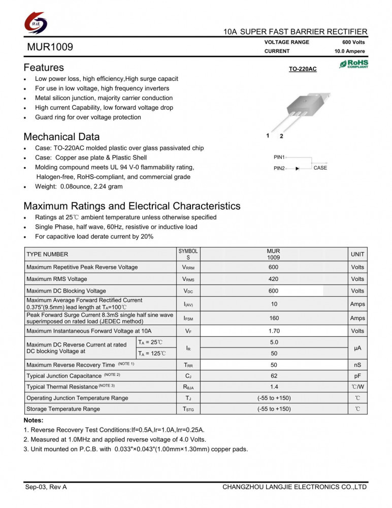 MUR1009 datasheet page 1