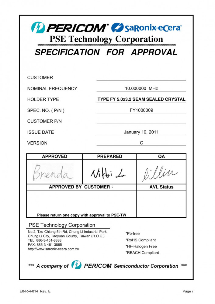 FY1000009 specification page 1
