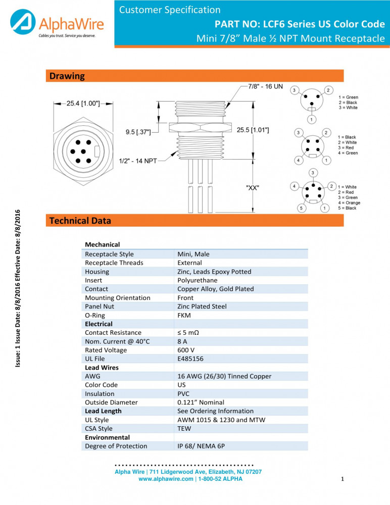 Alpha Wire 320LCF NC405 technical drawing
