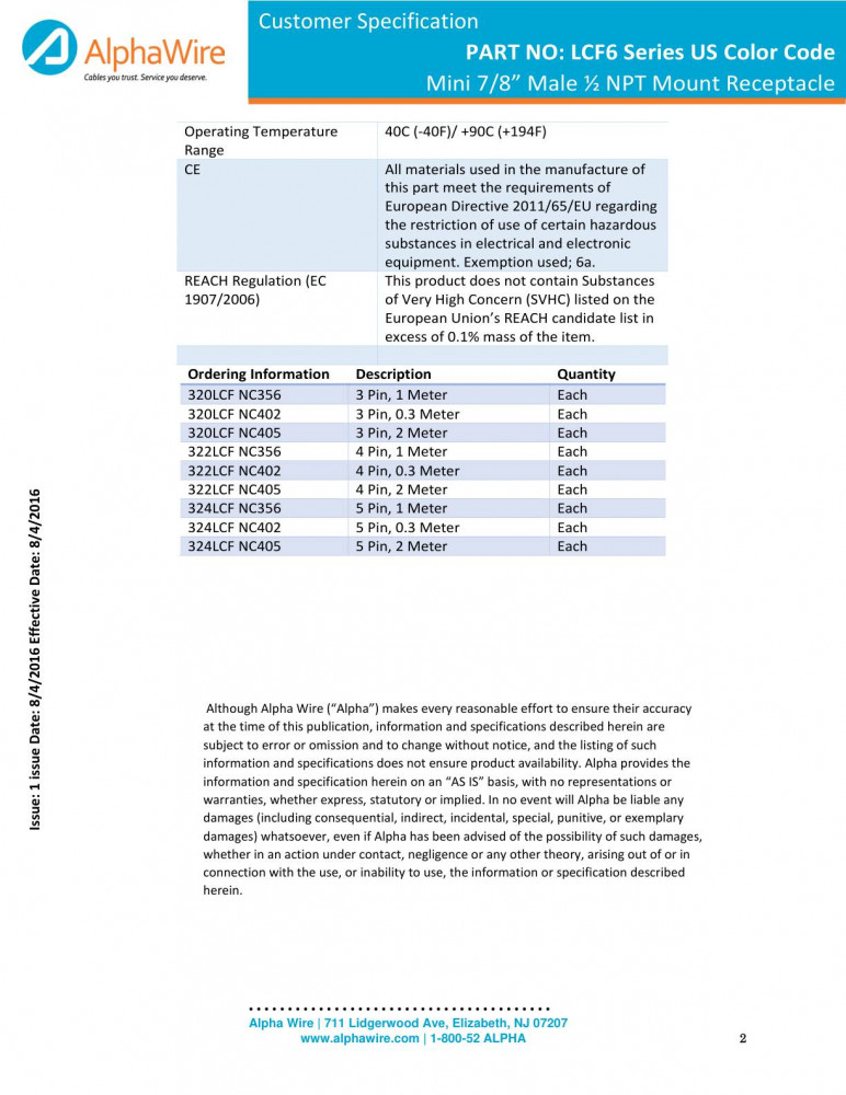 Alpha Wire 320LCF NC405 technical data