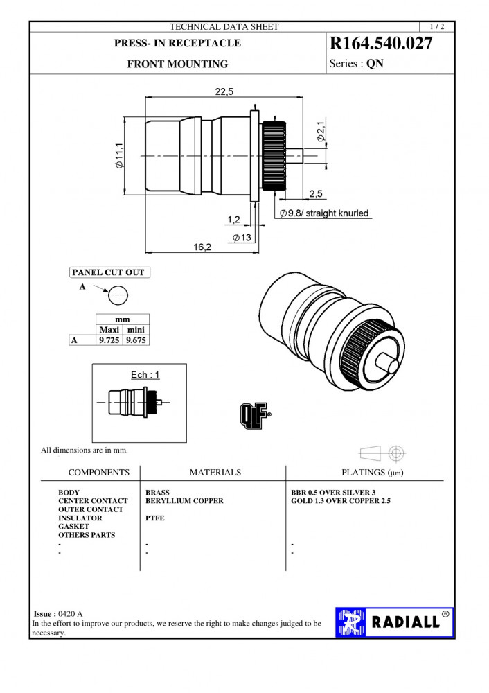 Radiall R164540027 technical datasheet page 1