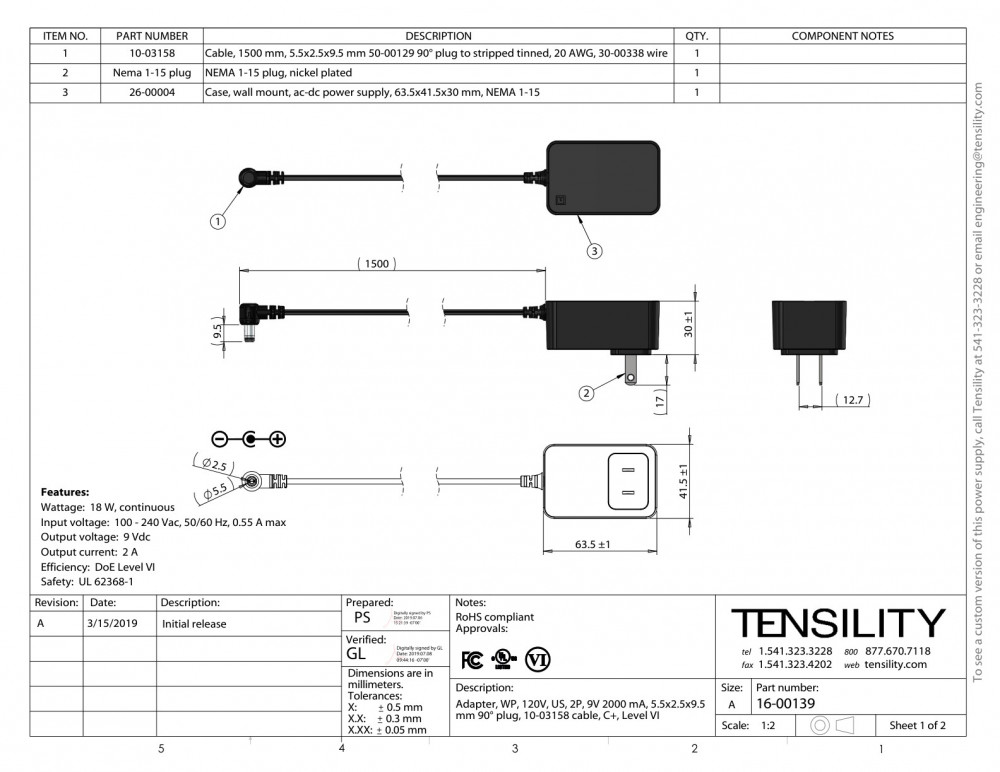 Tensility International 16-00139 technical drawing and specification, page 1