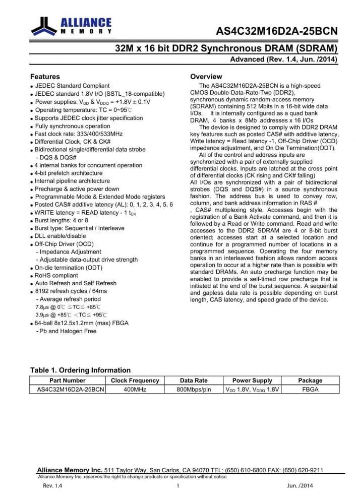 AS4C32M16D2A-25BCN datasheet page 1