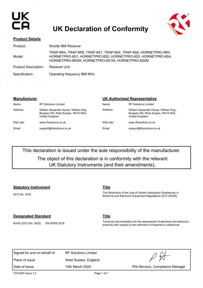 RF Solutions TRAP-8R4 related UK Declaration of Conformity document preview