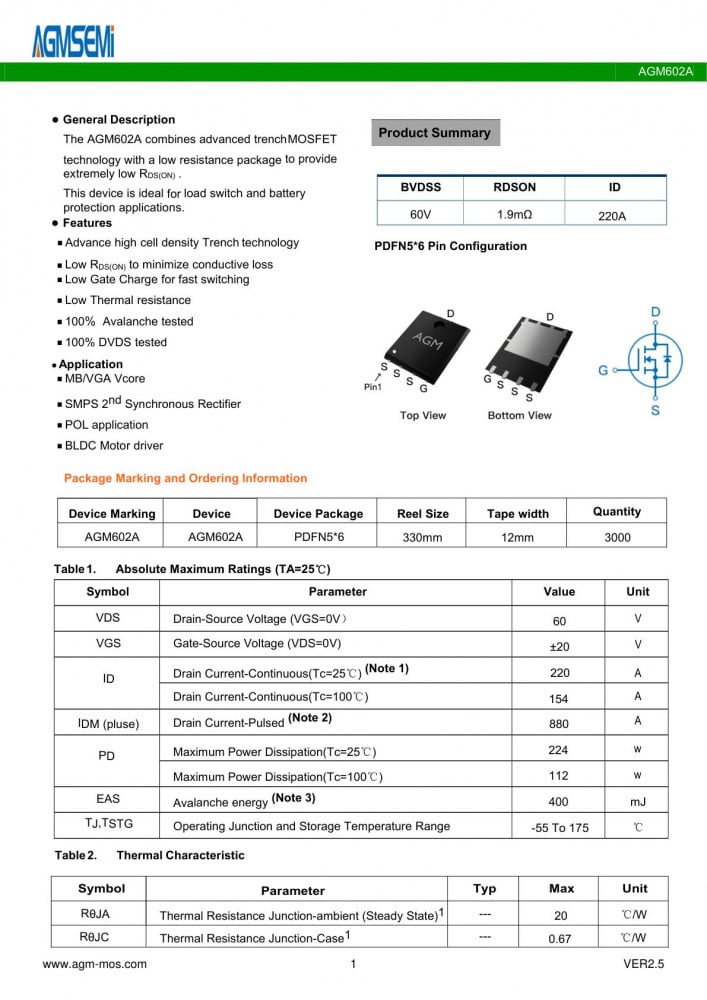 AGM602A datasheet page 1