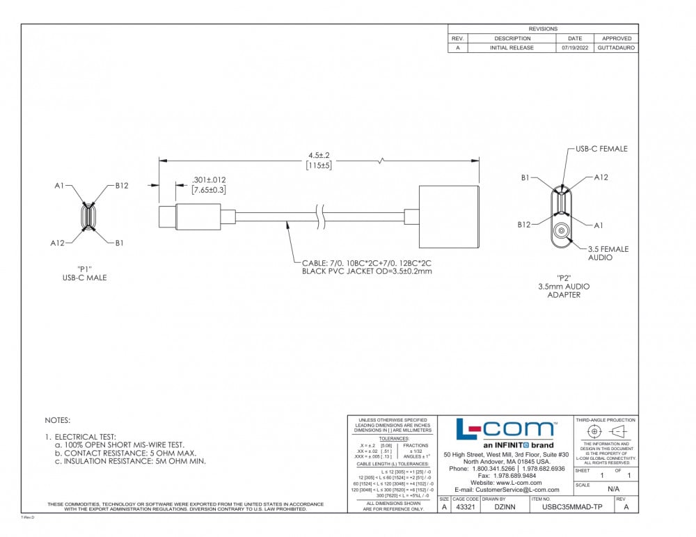 L-com USBC35MMAD-TP technical drawing