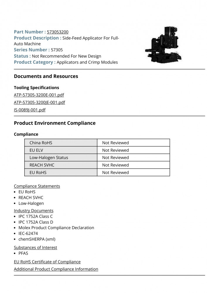 Tooling documentation page 1 for MOLEX 573053200
