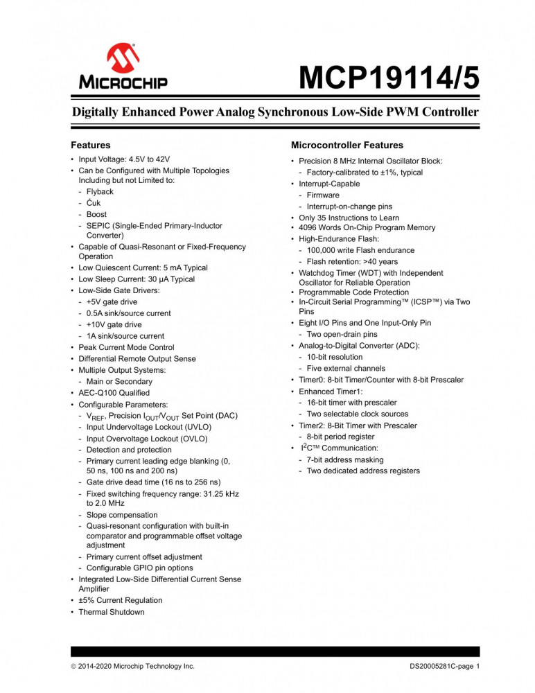 MCP19114 datasheet page 1
