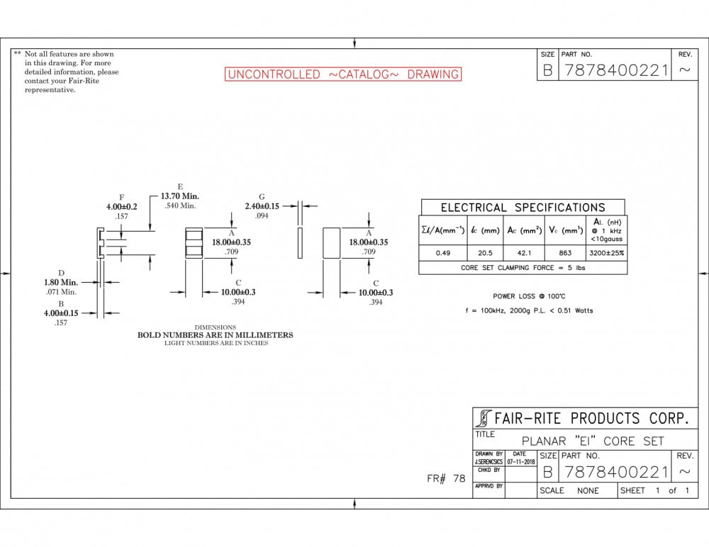 Fair-Rite 7878400221 Planar EI Core Set drawing