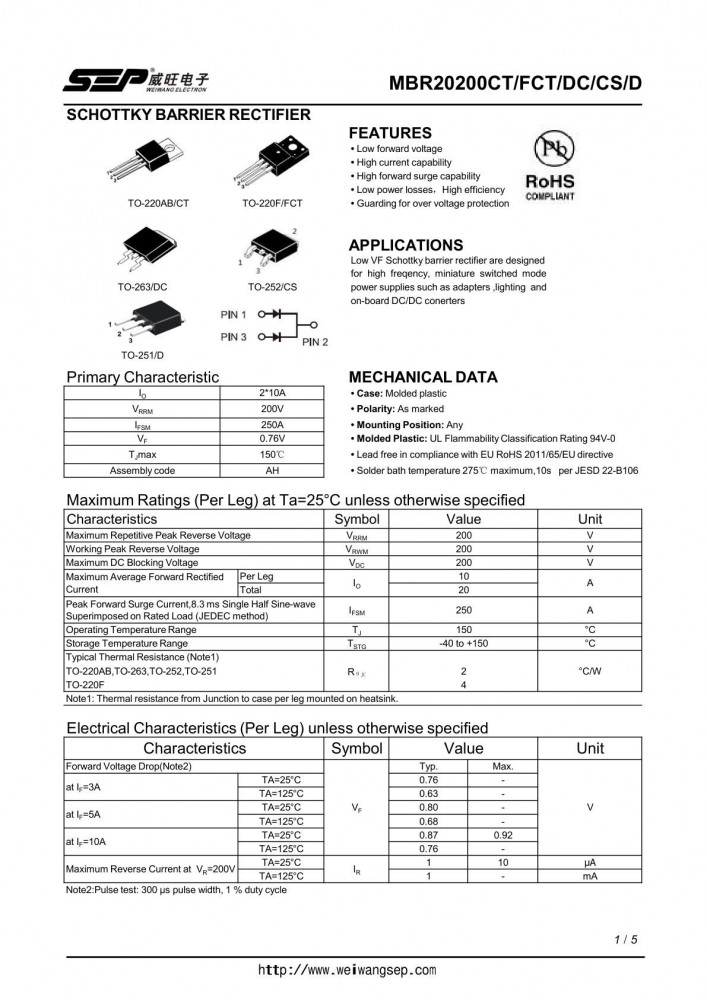 MBR20200CT datasheet page 1