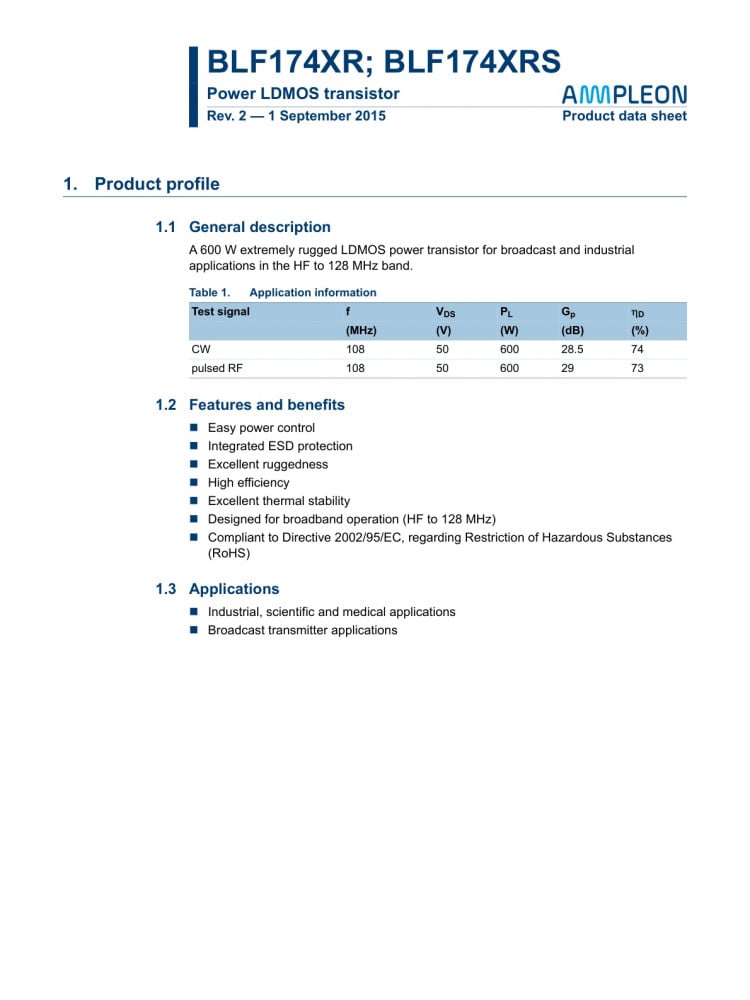 BLF174XRS datasheet page 1