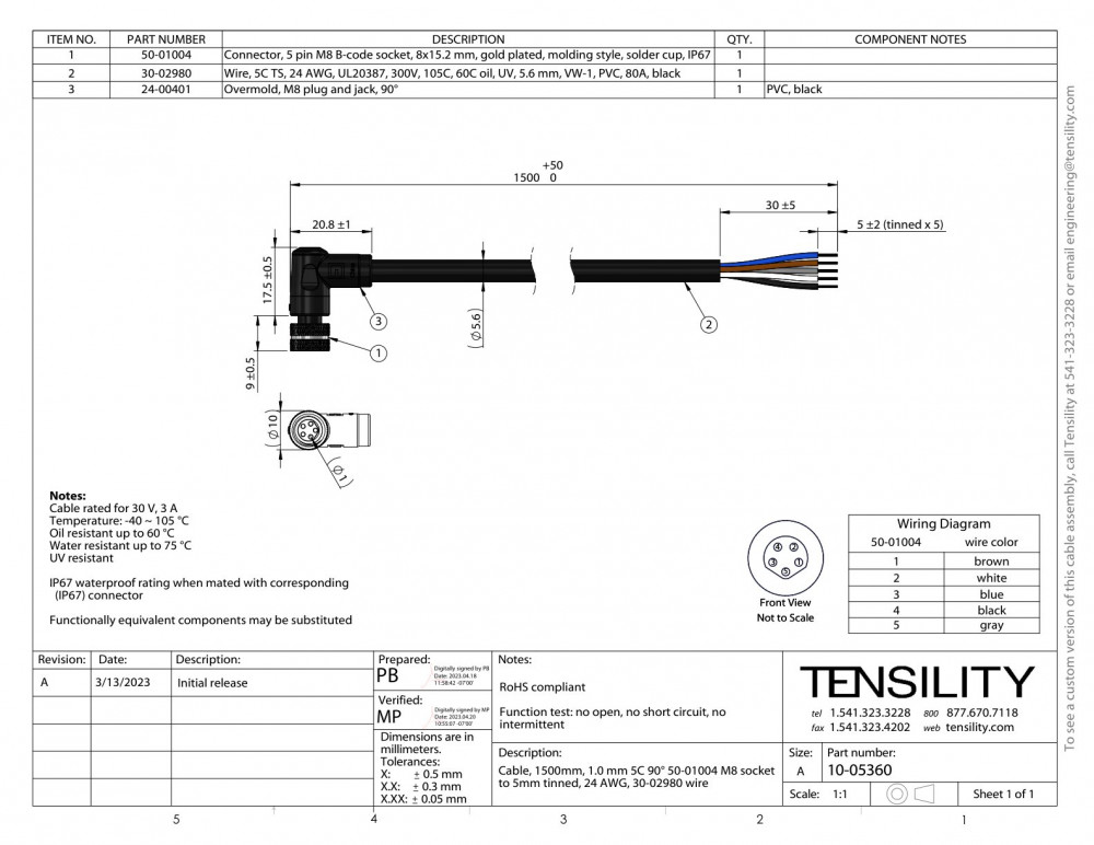Tensility International 10-05360 product drawing and wiring information
