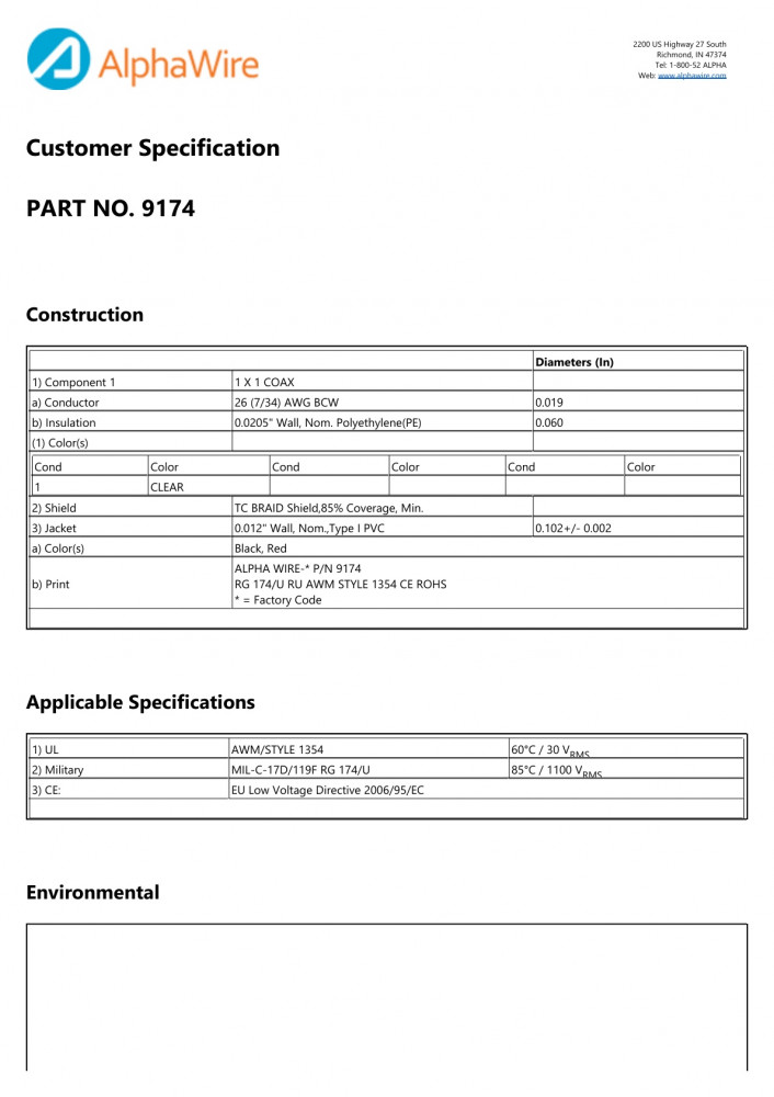 Alpha Wire 9174 specification page 1