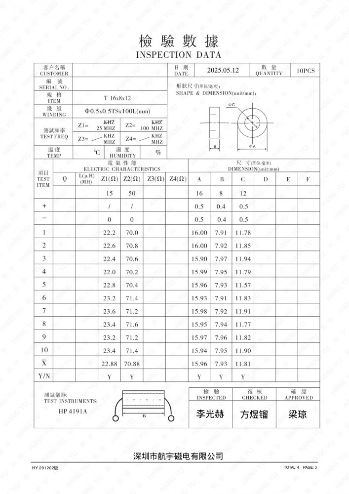 T16×8×12 inspection data page