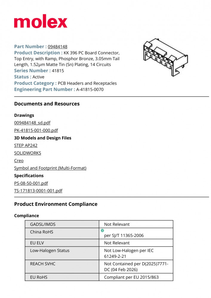 Molex KK 396 product specification page preview 1