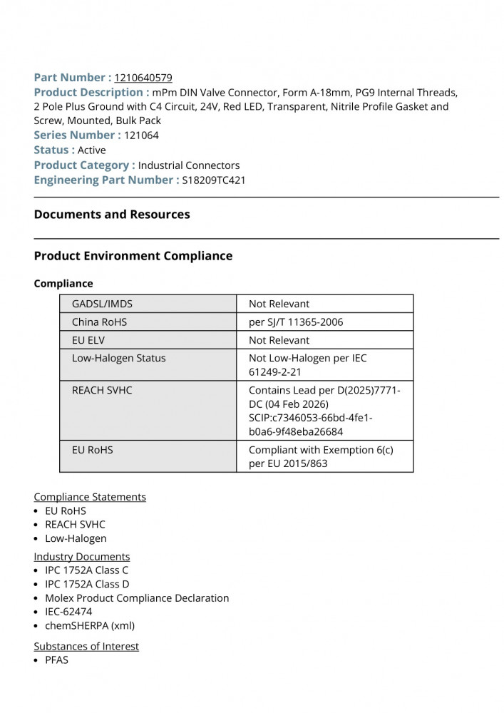 Molex DIN Valve Series S18 document page 1