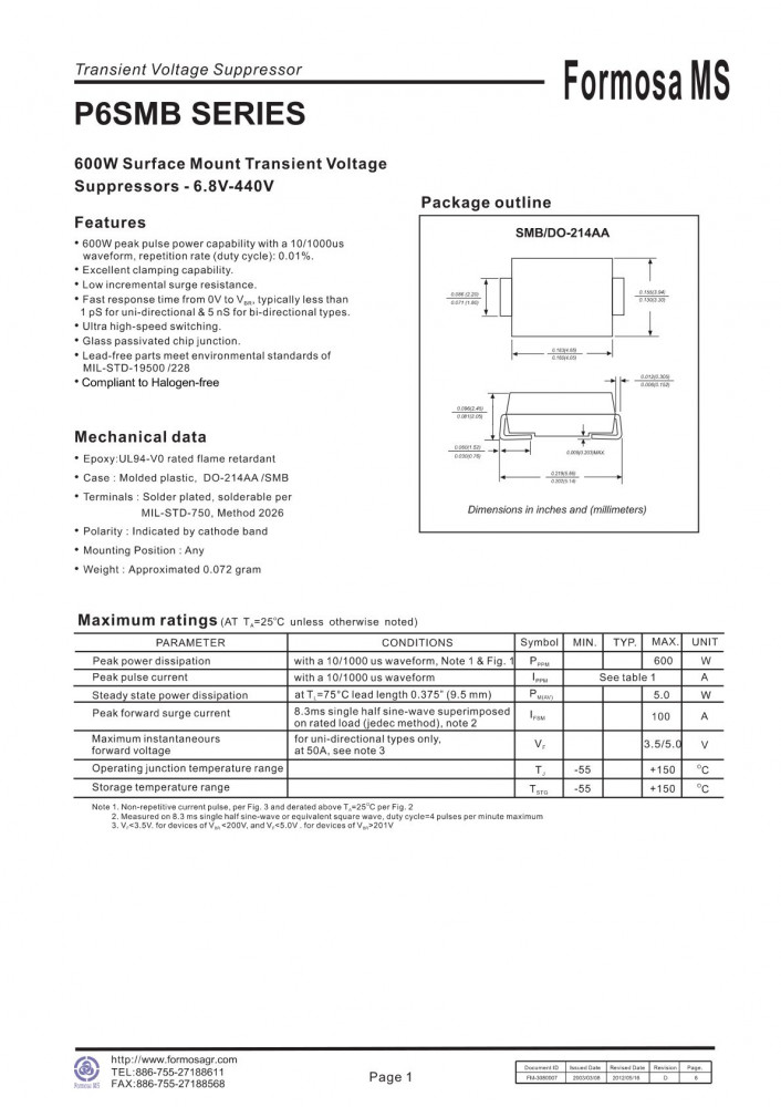 FMS P6SMB series datasheet page 1
