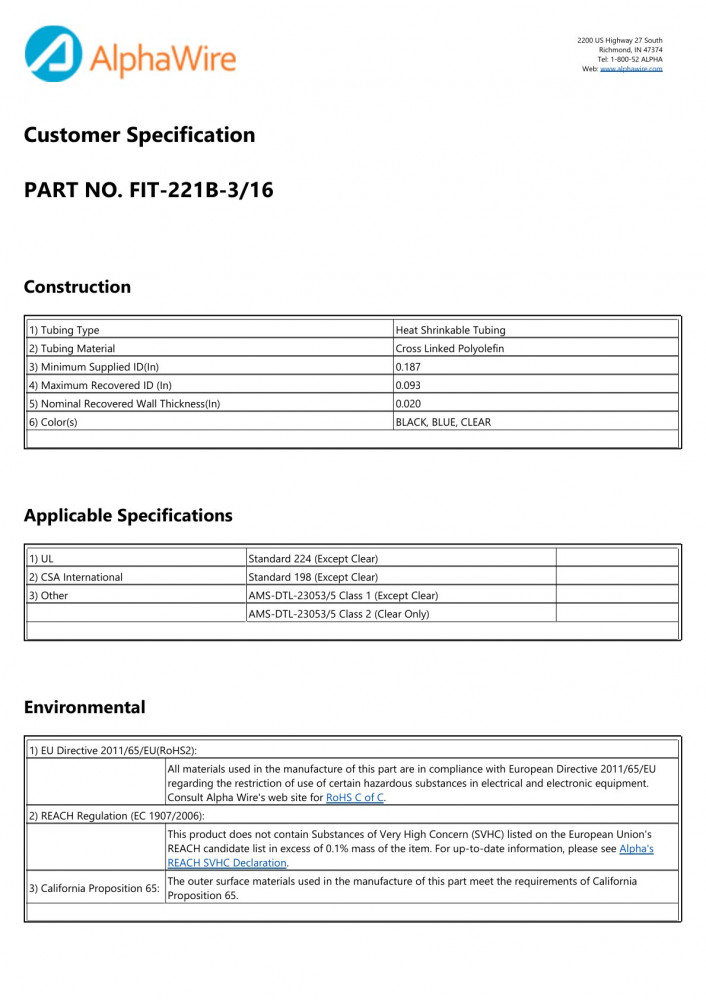 Alpha Wire FIT-221B-3/16 technical document page 1