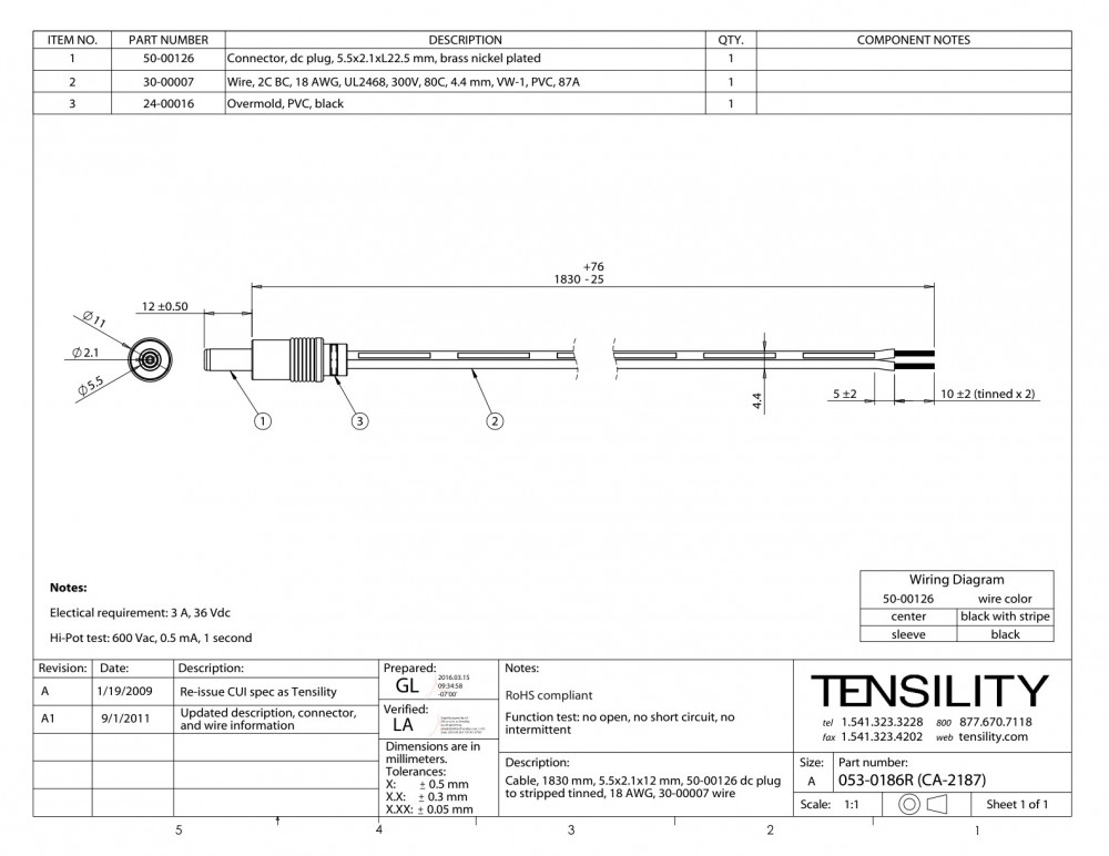 CA-2187 cable assembly technical drawing