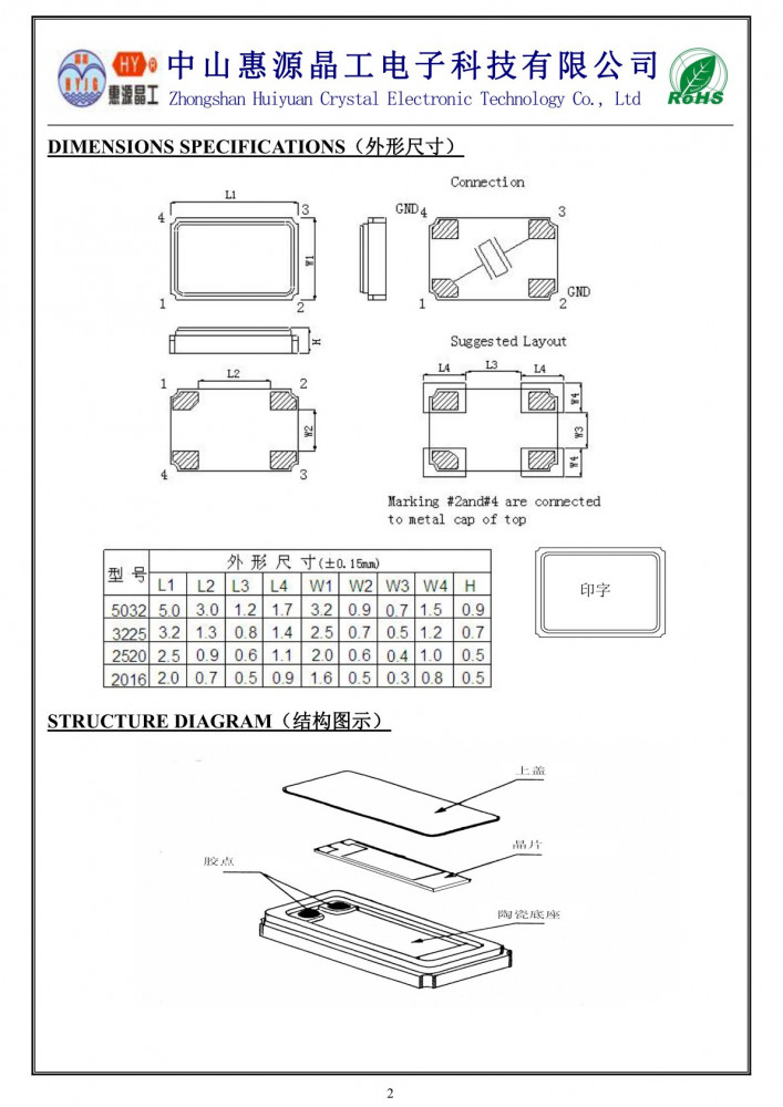 Huiyuan crystal SMD2520 dimension and connection drawing