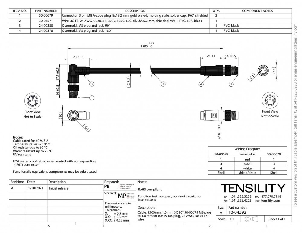 10-04392 M8 plug cable assembly technical drawing