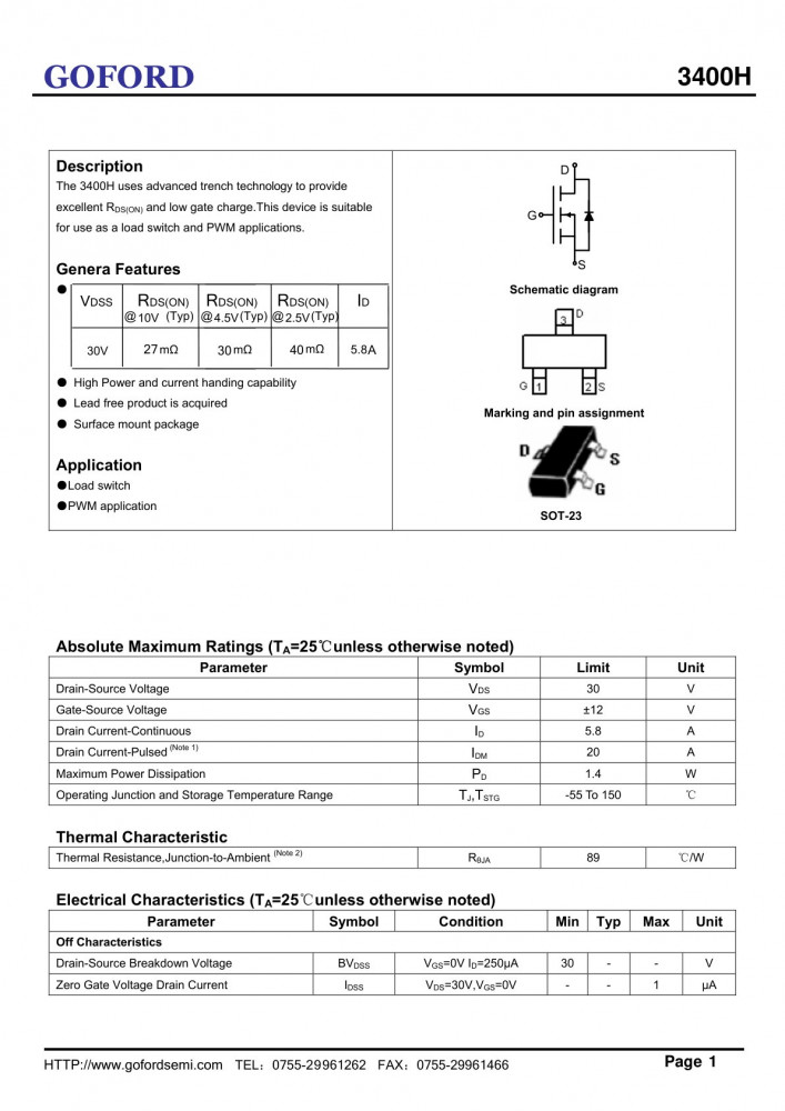 GOFORD 3400H datasheet page 1