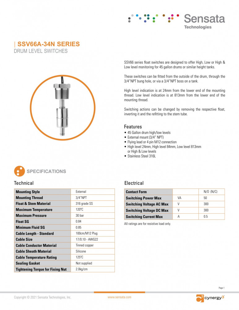 SSV66 series drum level switch document page 1