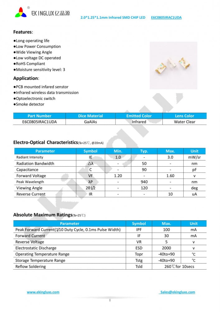 E6C0805IRAC1UDA940nm datasheet page 1