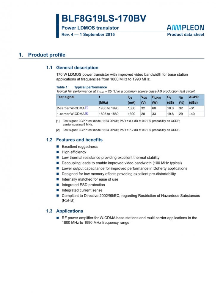 BLF8G19LS-170BV datasheet page 1