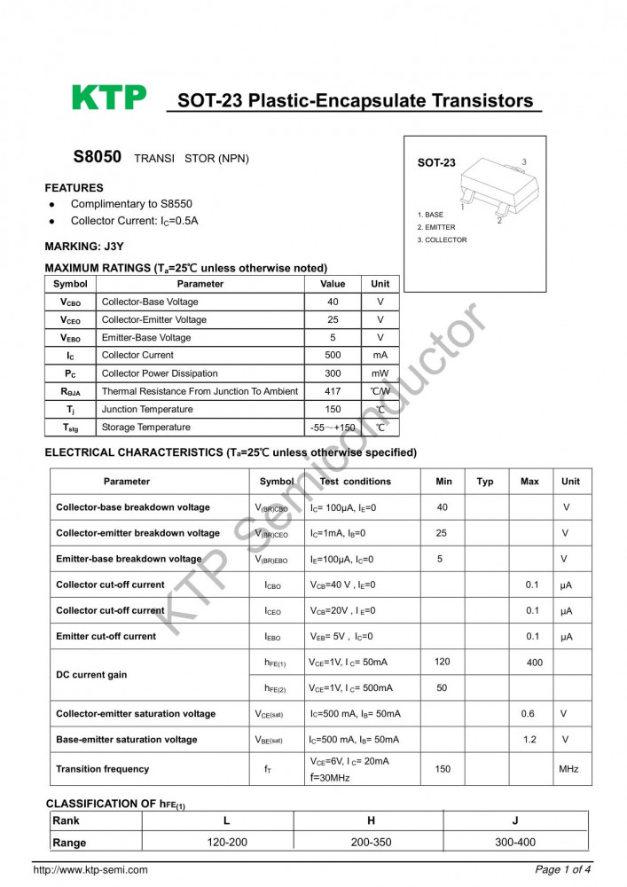 S8050 J3Y datasheet page 1