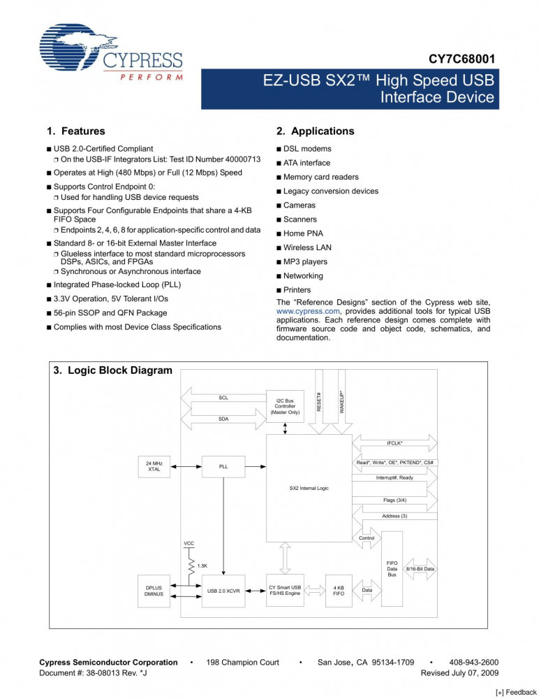 CY7C68001-56PVXC technical document page 1