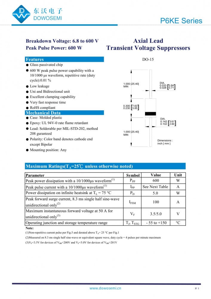 DOWO P6KE series datasheet page 1
