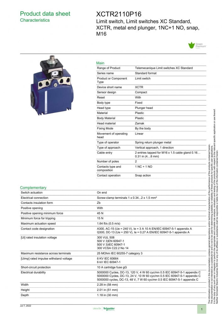 XCTR2110P16 product documentation page 1
