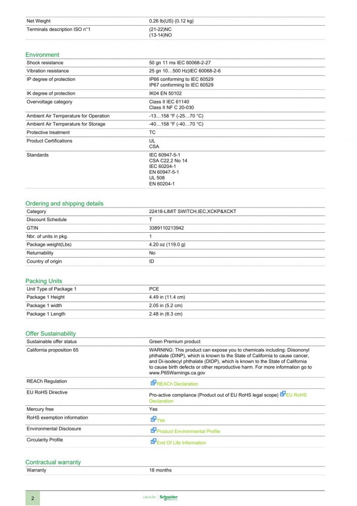 XCTR2110P16 product documentation page 2