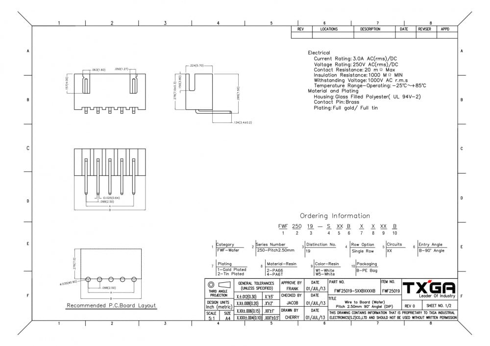 TXGA FWF25019-S02B22W1B technical drawing page 1