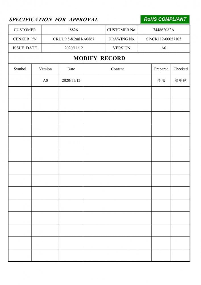 CKUU9.8-8.2mH-A0867 electrical specifications