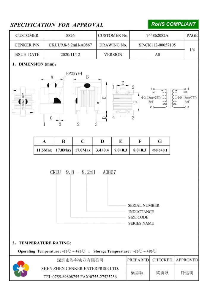 CKUU9.8-8.2mH-A0867 materials and dimensions