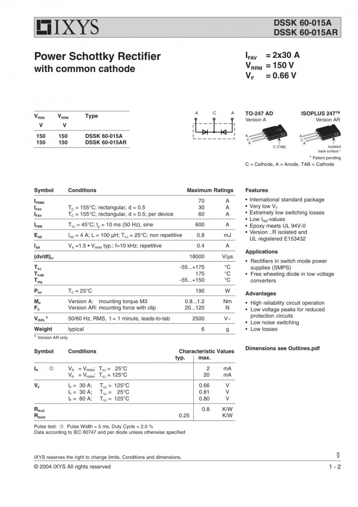DSSK60-015A datasheet page 1