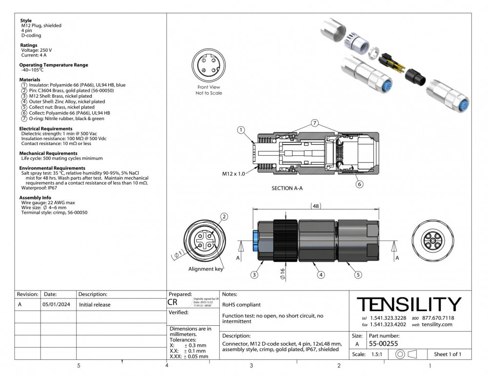 55-00255 M12 D-code connector product drawing