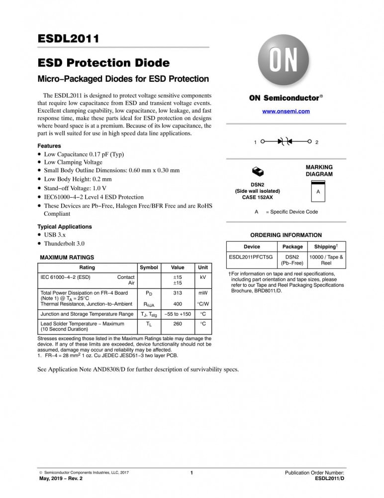ESDL2011PFCT5G datasheet page 1