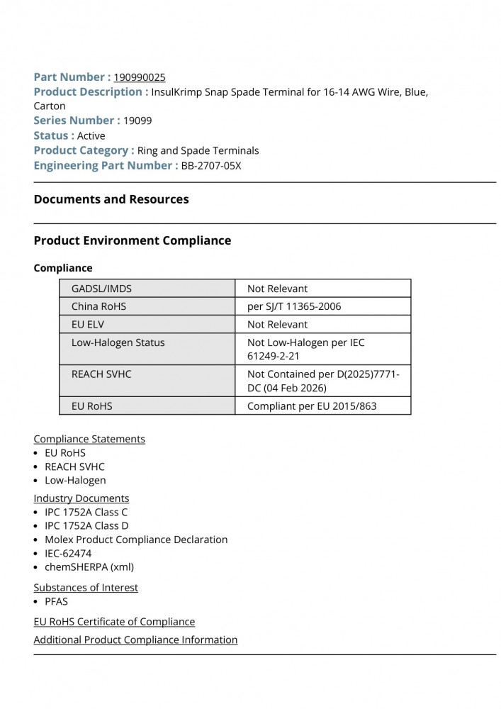 MOLEX 190990025 product document, page image 1