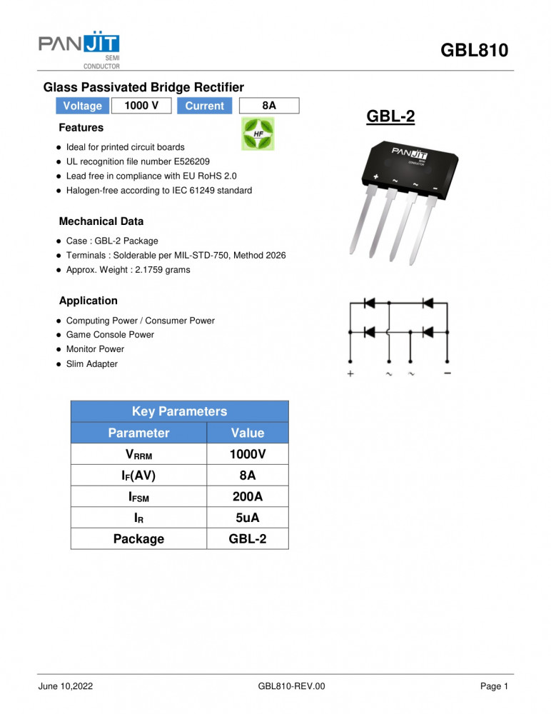 PANJIT GBL810 datasheet page 1