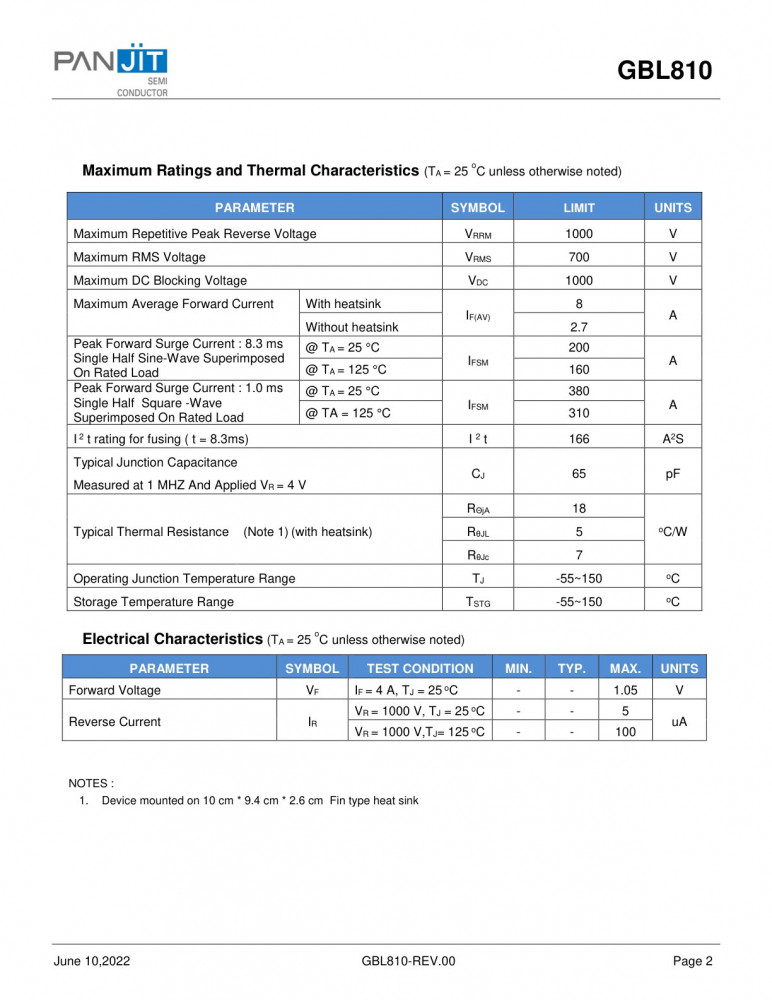 PANJIT GBL810 datasheet page 2
