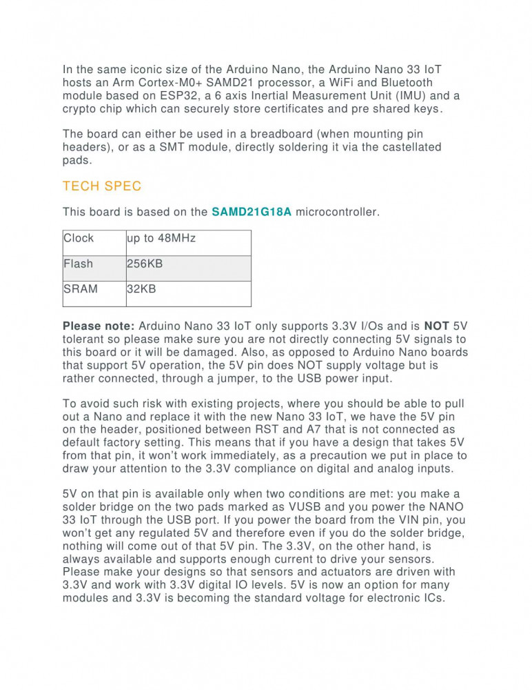 Arduino Nano 33 IoT documentation page 2