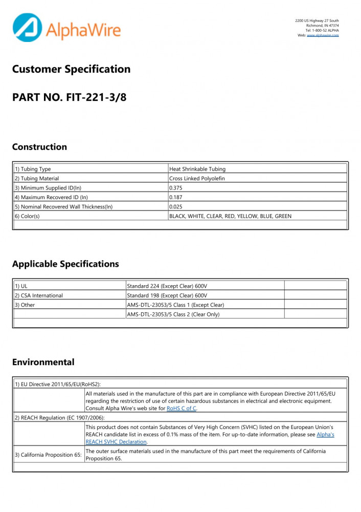 Alpha Wire F2213/8 CL024 technical document page 1