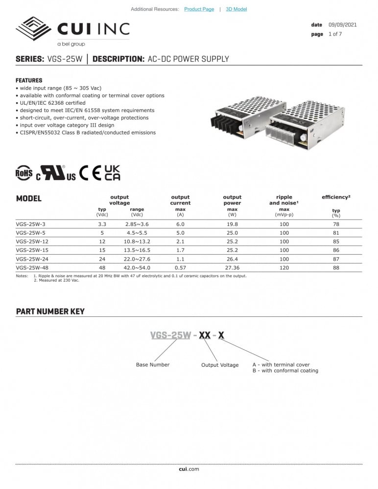 VGS-25W series datasheet page 1