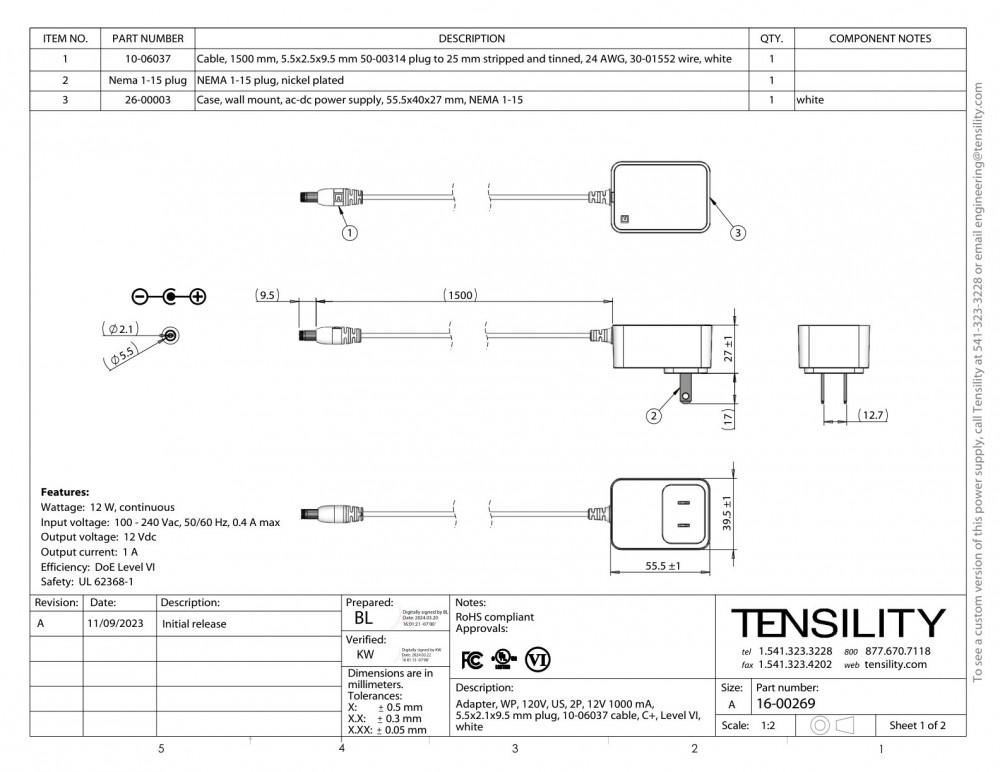 Tensility International 16-00269 product drawing, sheet 1
