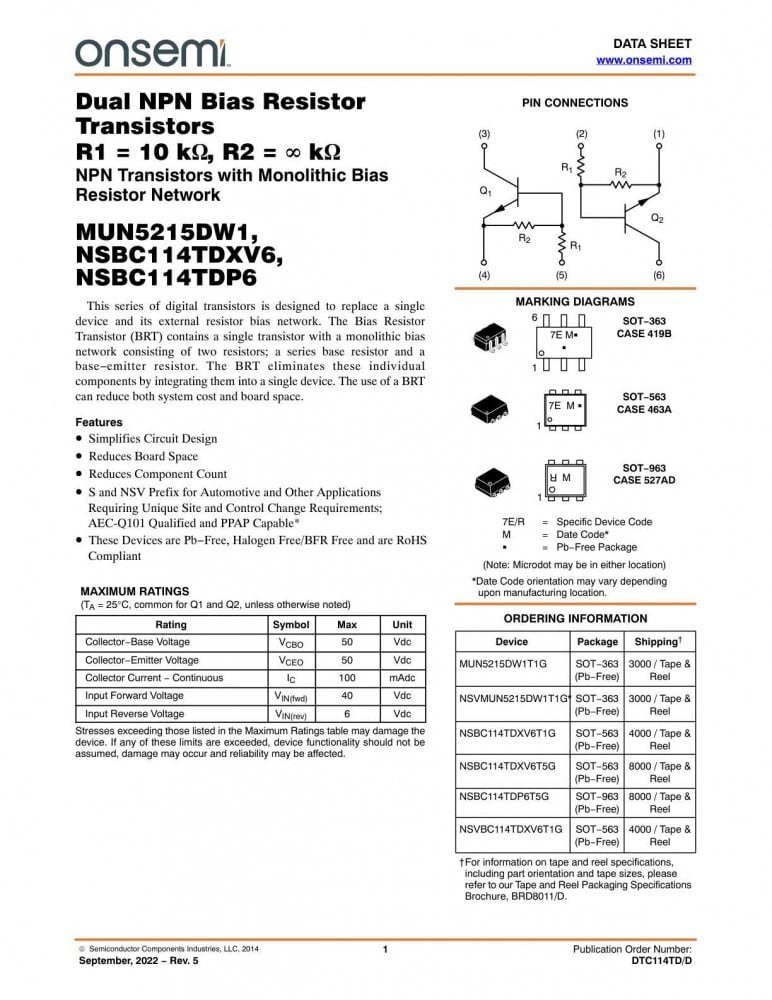 NSVMUN5215DW1T1G datasheet page 1